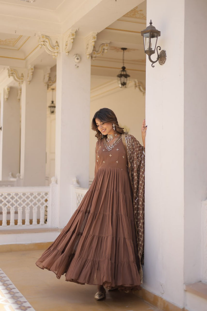 Enthralling Sequin Embroidered Coffee Color Gown with Design