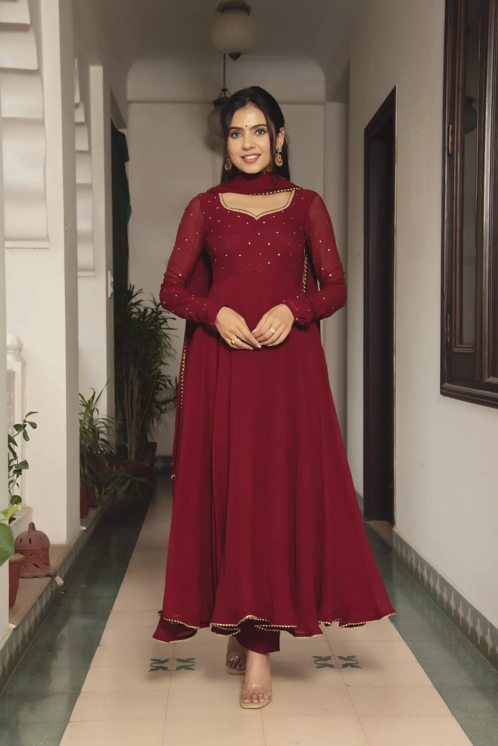Dark Red Fully Flared Anarkali Set With Beautiful Sequins Wo