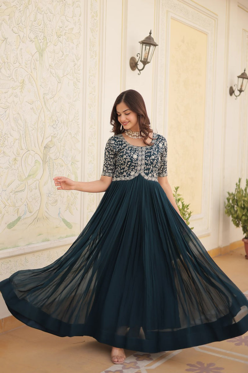 Luxurious Zari-Embroidered Rama Color Gown for Discerning Wo