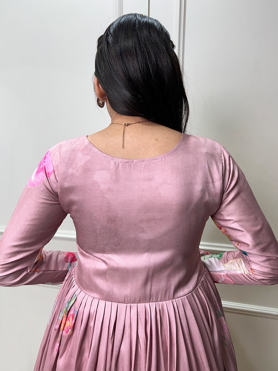 Onion Color Tussar Silk Ready to Wear Gown with Delicate Flo