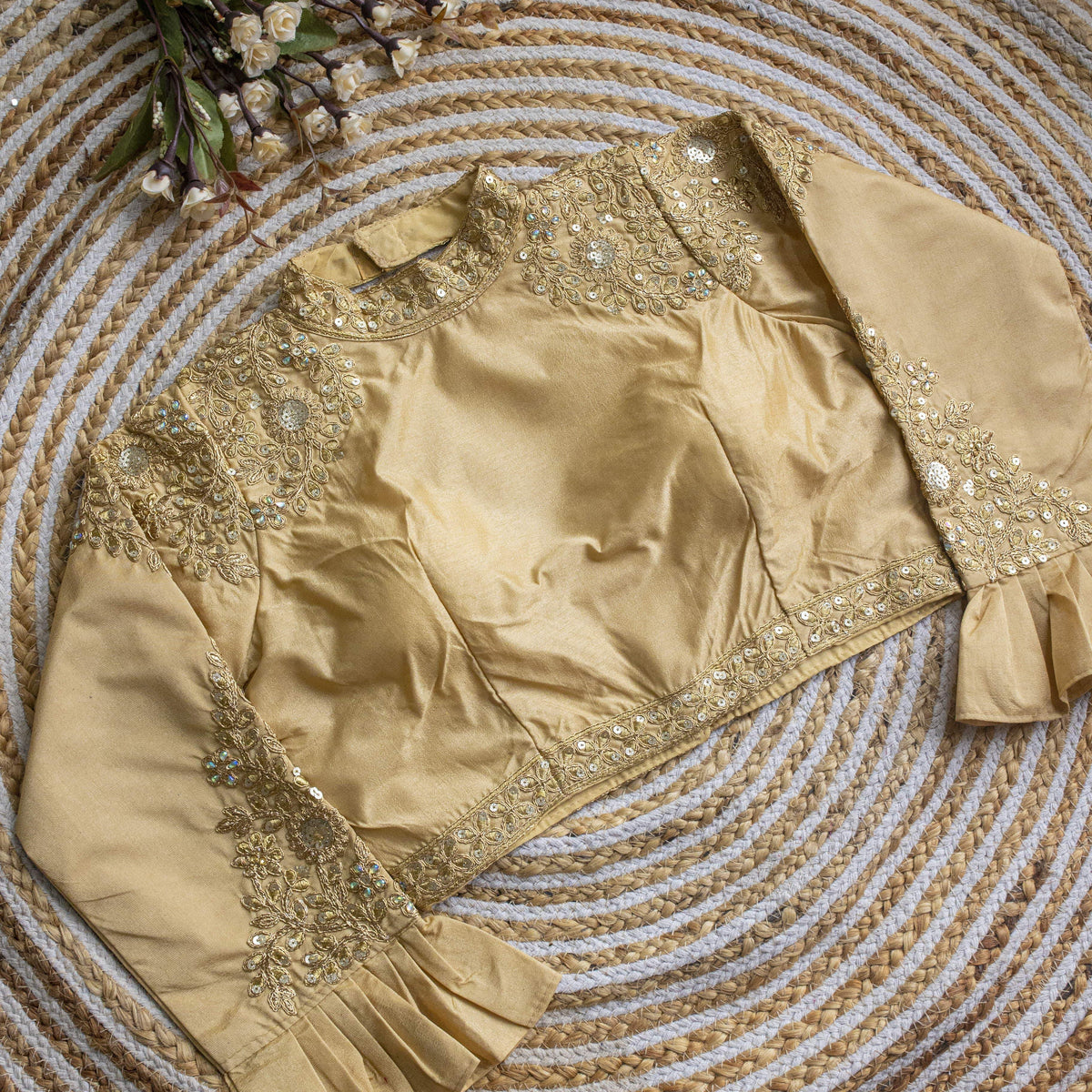 Beige Color Golden Sequence Embroidered Blouse in glossy sil