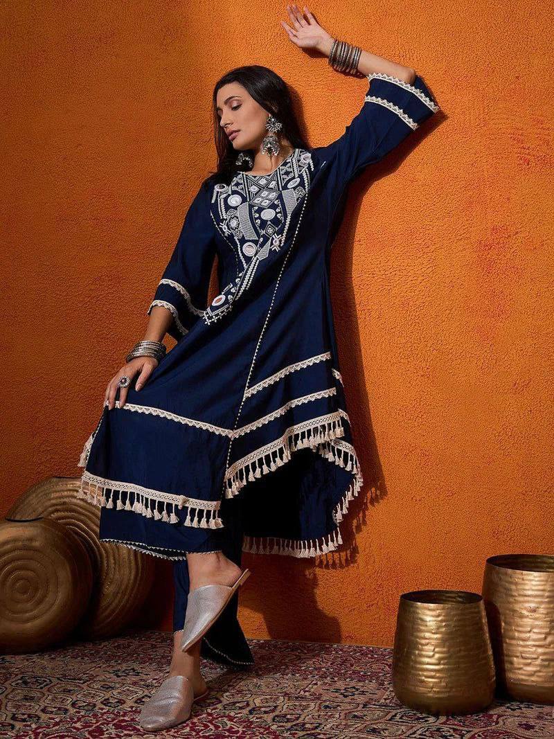 Blue Elegant Reyon Cotton Top & Plazo Set with Real Mirr