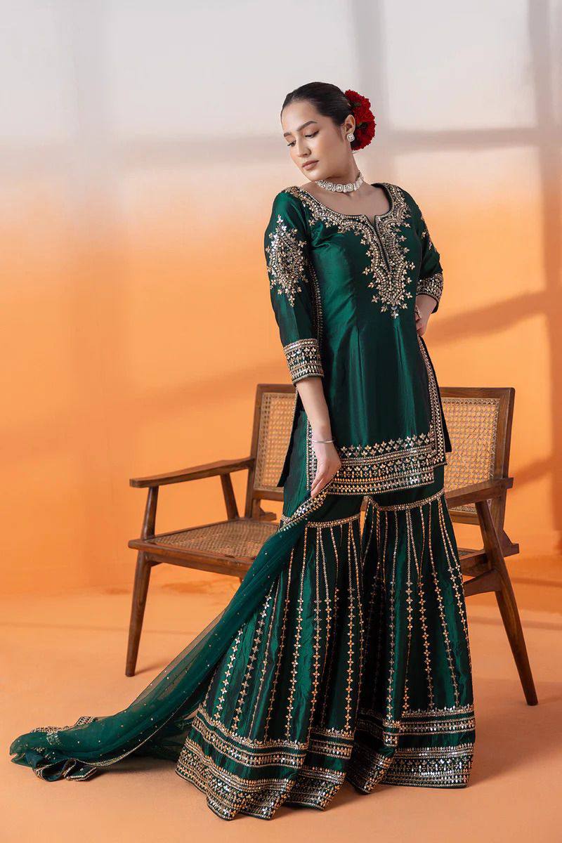 Bottle Green Elegant Chinon Silk Sharara Set with Dupatta