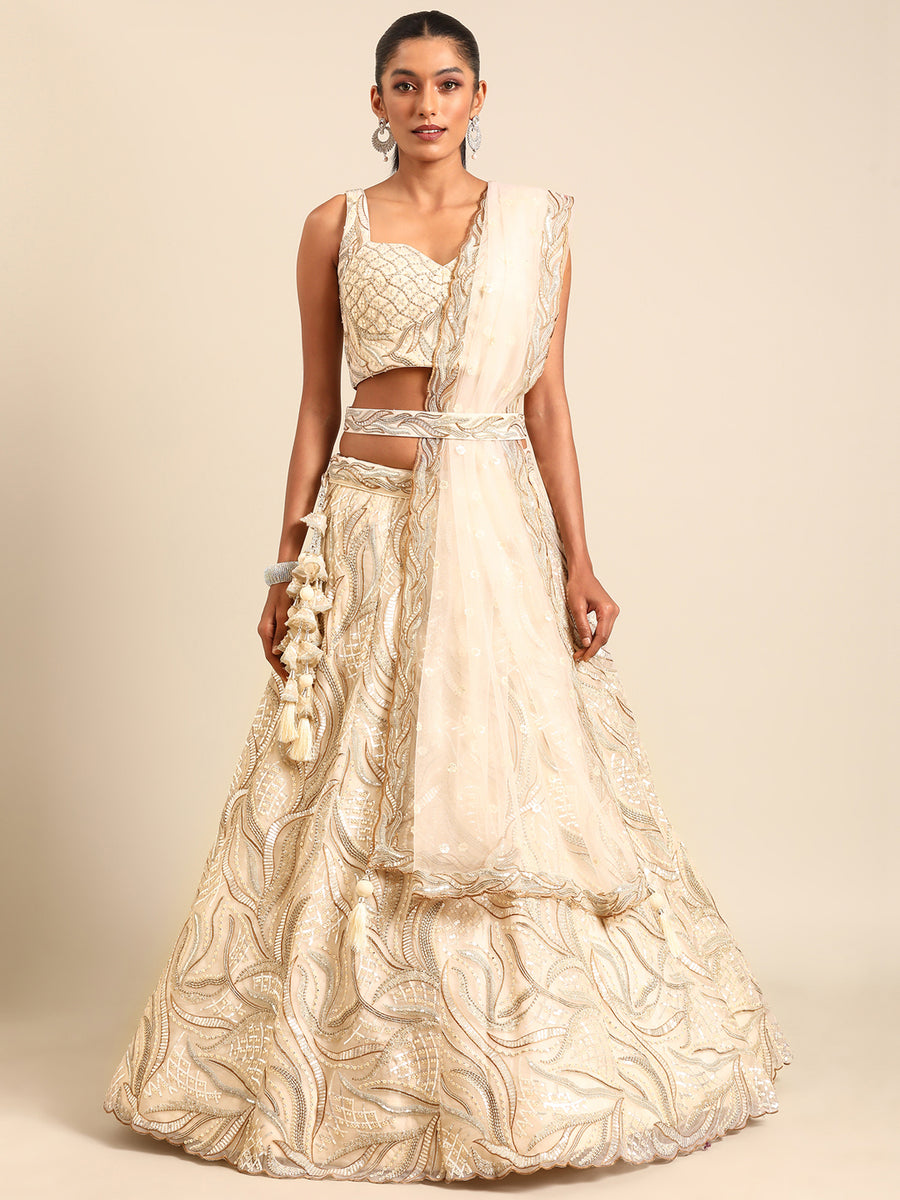 Captivating Cream Zari and Sequin Embroidered Lehenga Choli