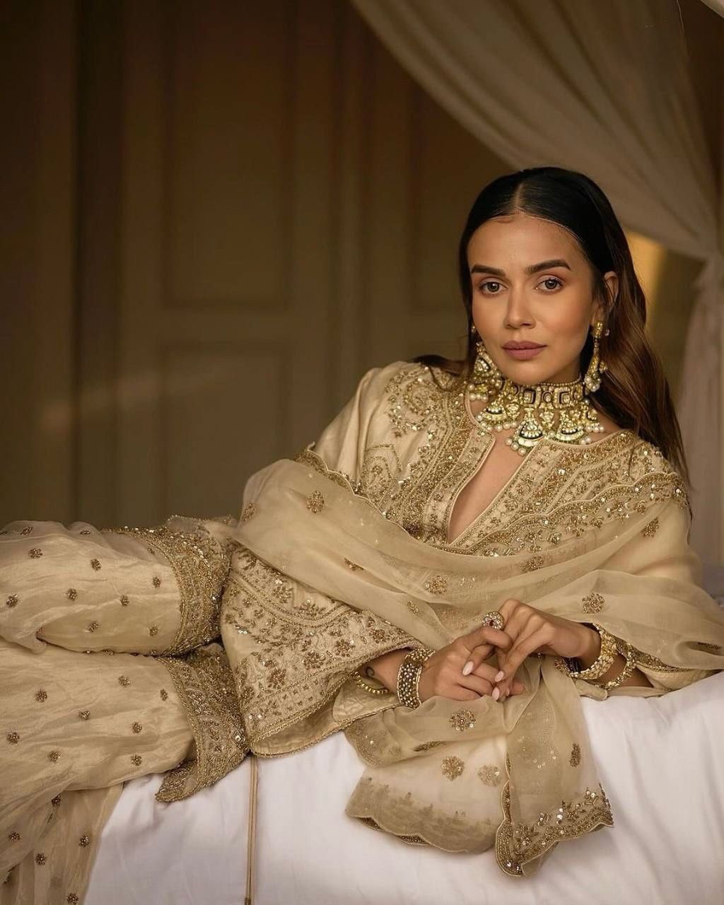 Cream Eid Special Elegant Chinon Silk Plazo Suit Set