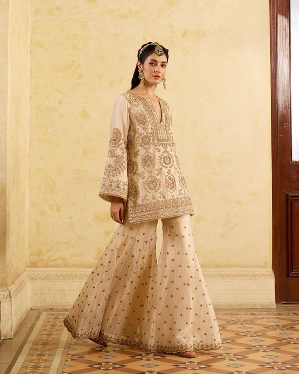 Cream Eid Special Elegant Chinon Silk Plazo Suit Set