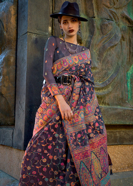 Dusty Blue Jamawar Woven Organza Silk Saree – Traditional El