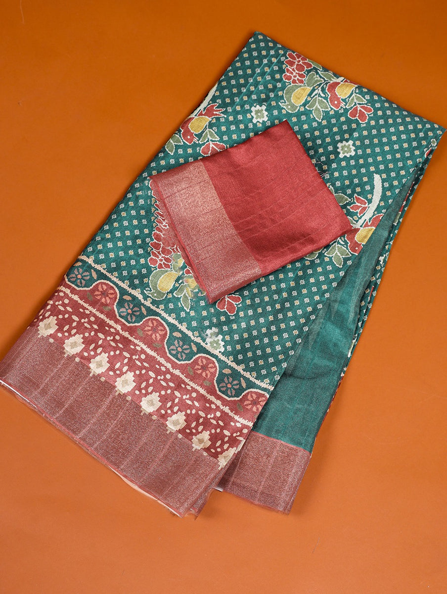 Firozi Color Handloom Kotha Border Digital Printed Saree