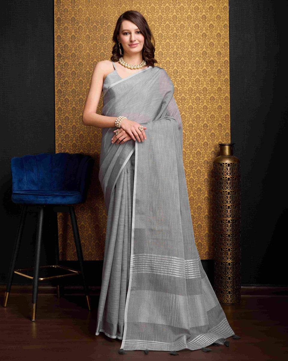 Gray Elegant Solid Saree with Zari Border – Timeless Grace
