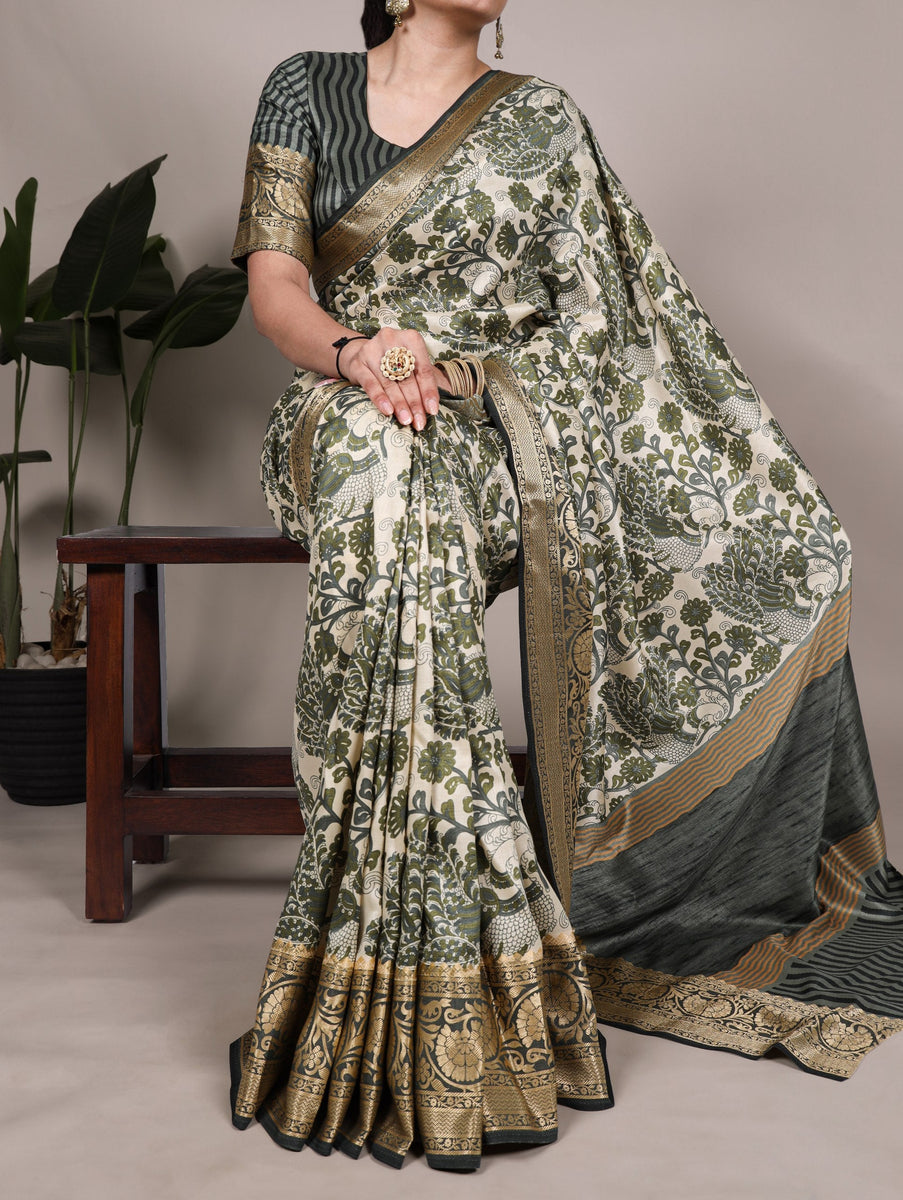 Green Elegant Tasar Silk Printed Saree with Viscose Border