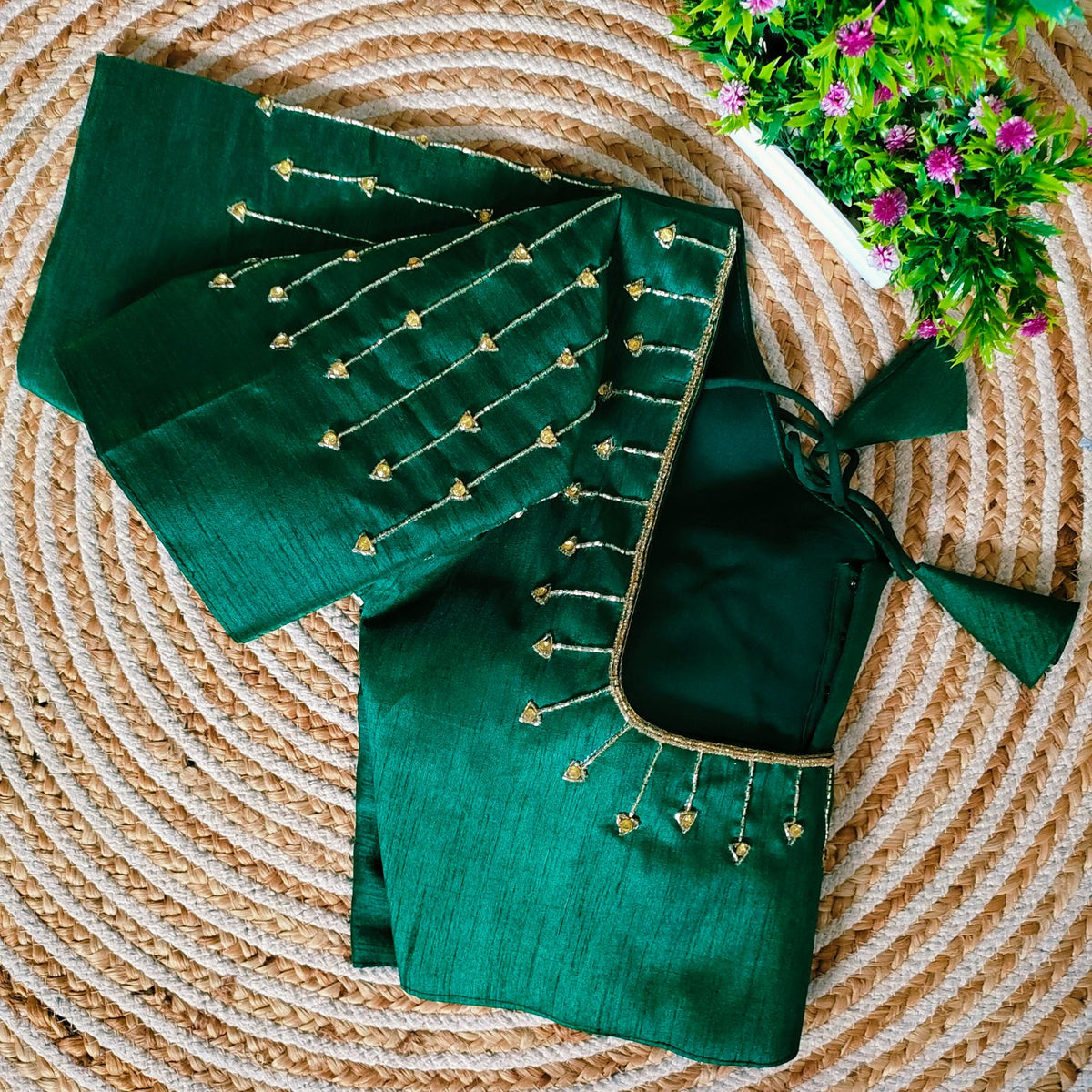 Green Handcrafted Golden Resham Silk Blouse with Stunning Sl