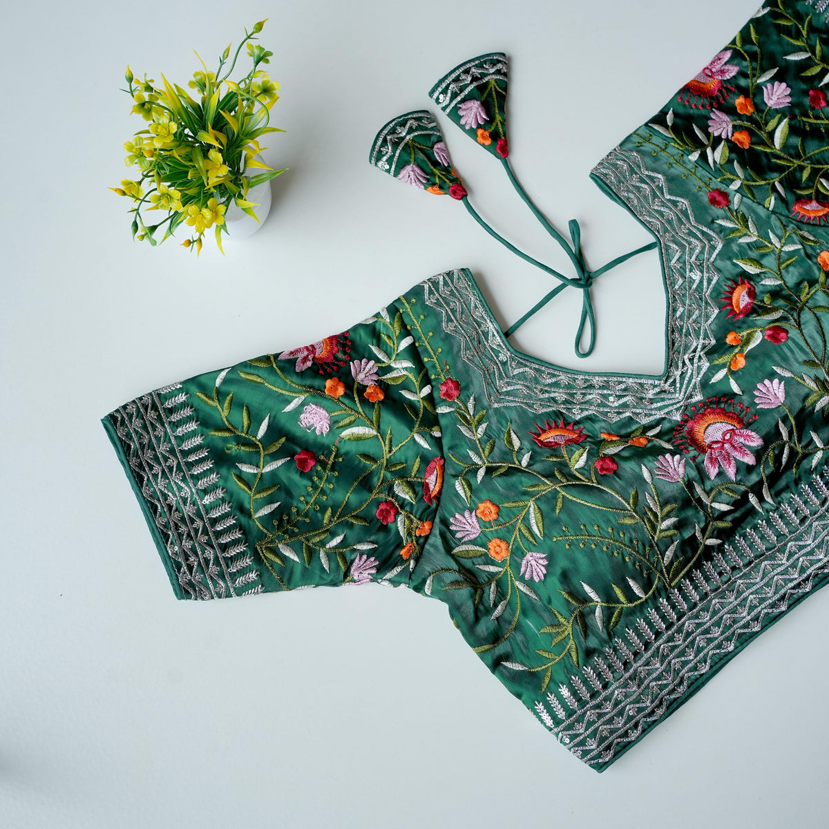 Green Multi-Color Embroidered Silk Blouse