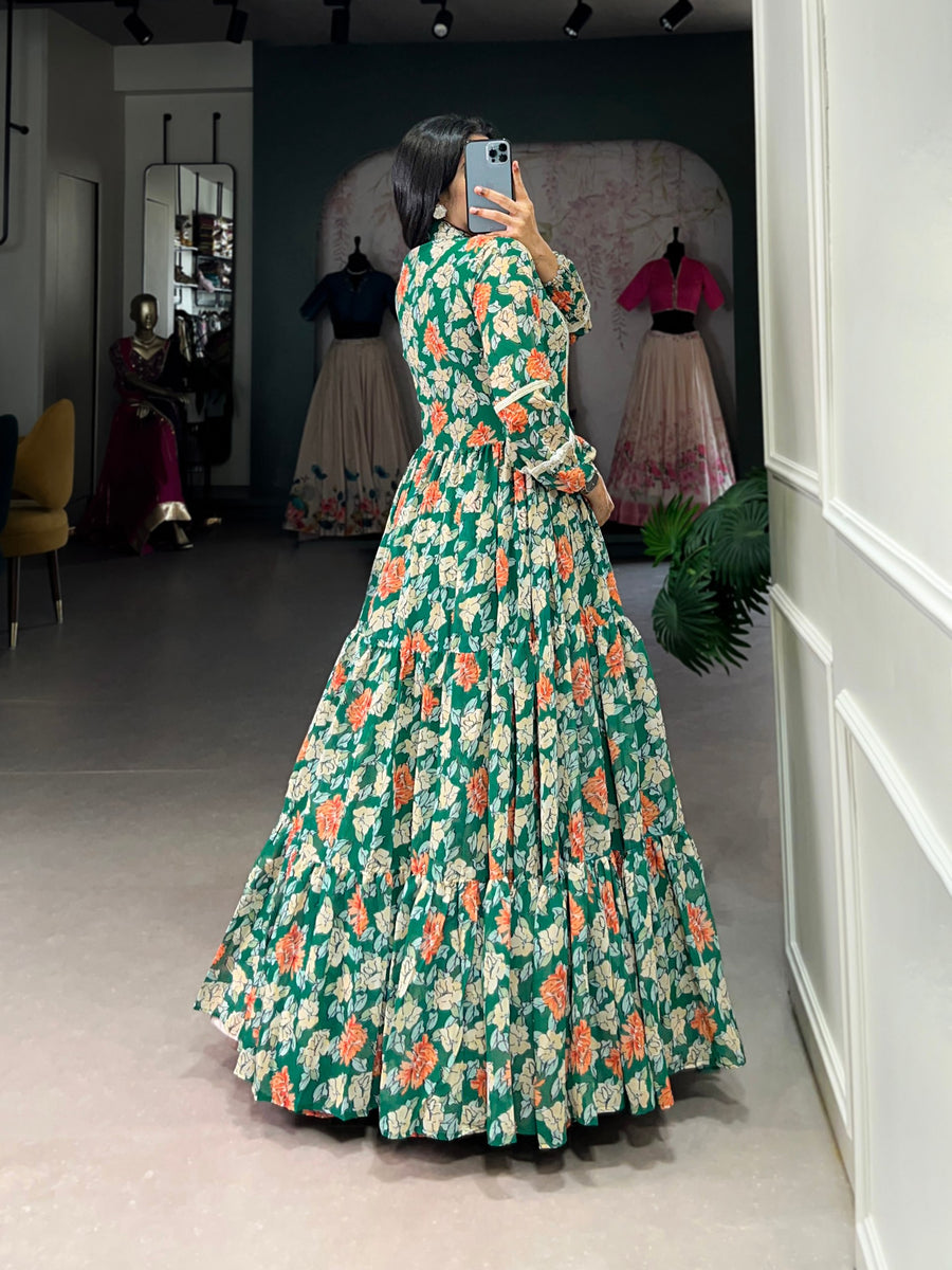 Green Triple-Layer Floral Georgette Gown – Effortless Elegan
