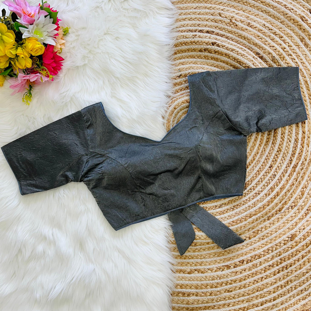 Grey Jio Silk Stylish Pure Metallic Blouse with Beautiful Ba