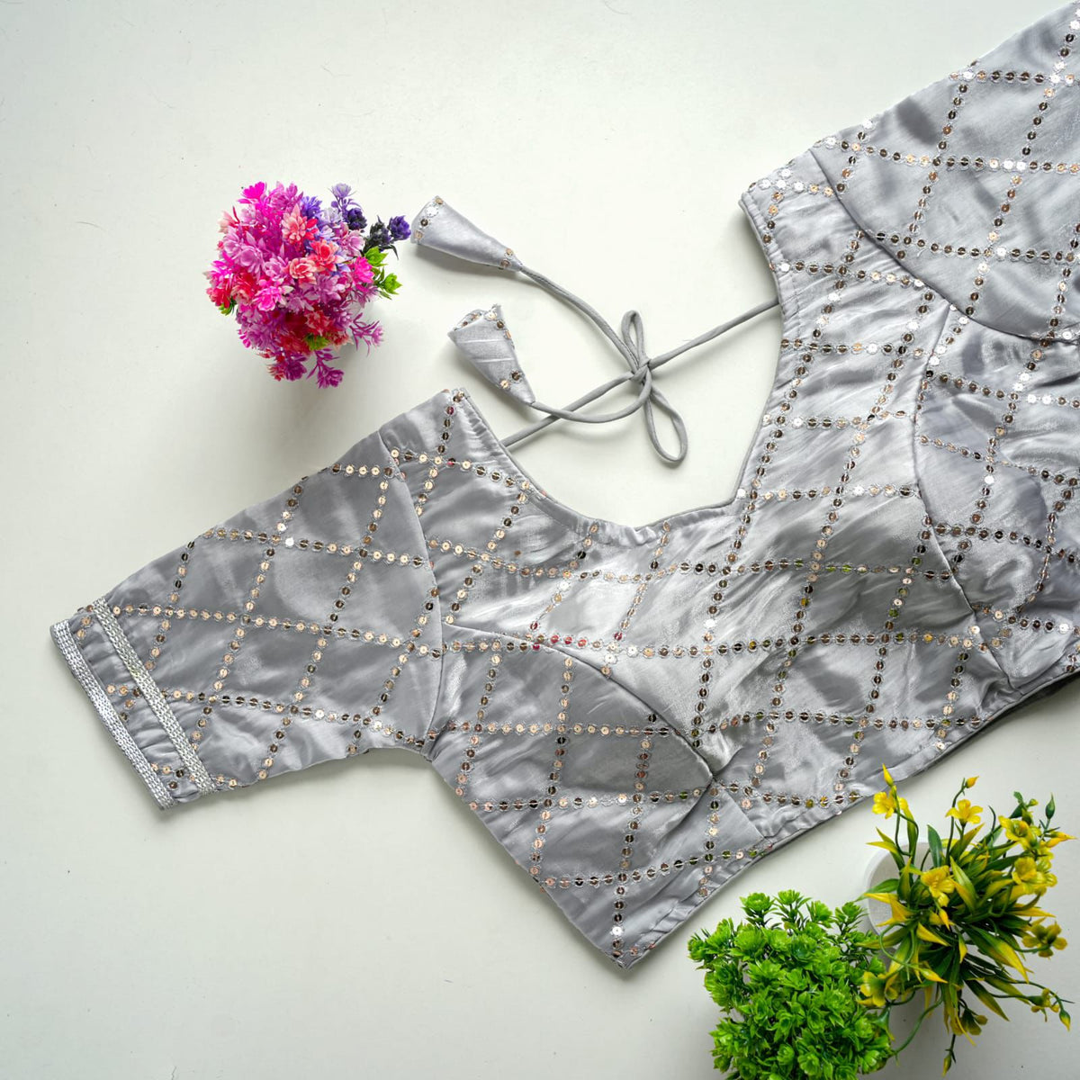 Grey Metalic Jimmy Choo Blouse with Exquisite Sequence Embro
