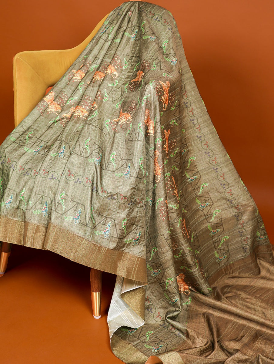 Mehendi Green Color Handloom Kotha Border Digital Printed Sa