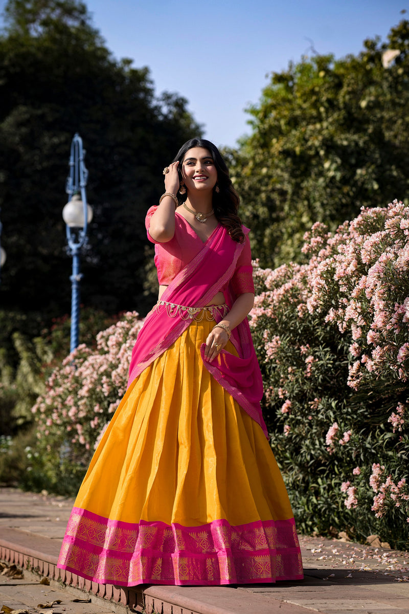 Mustard Breathtaking South-Indian Kanchipuram Silk Lehenga C