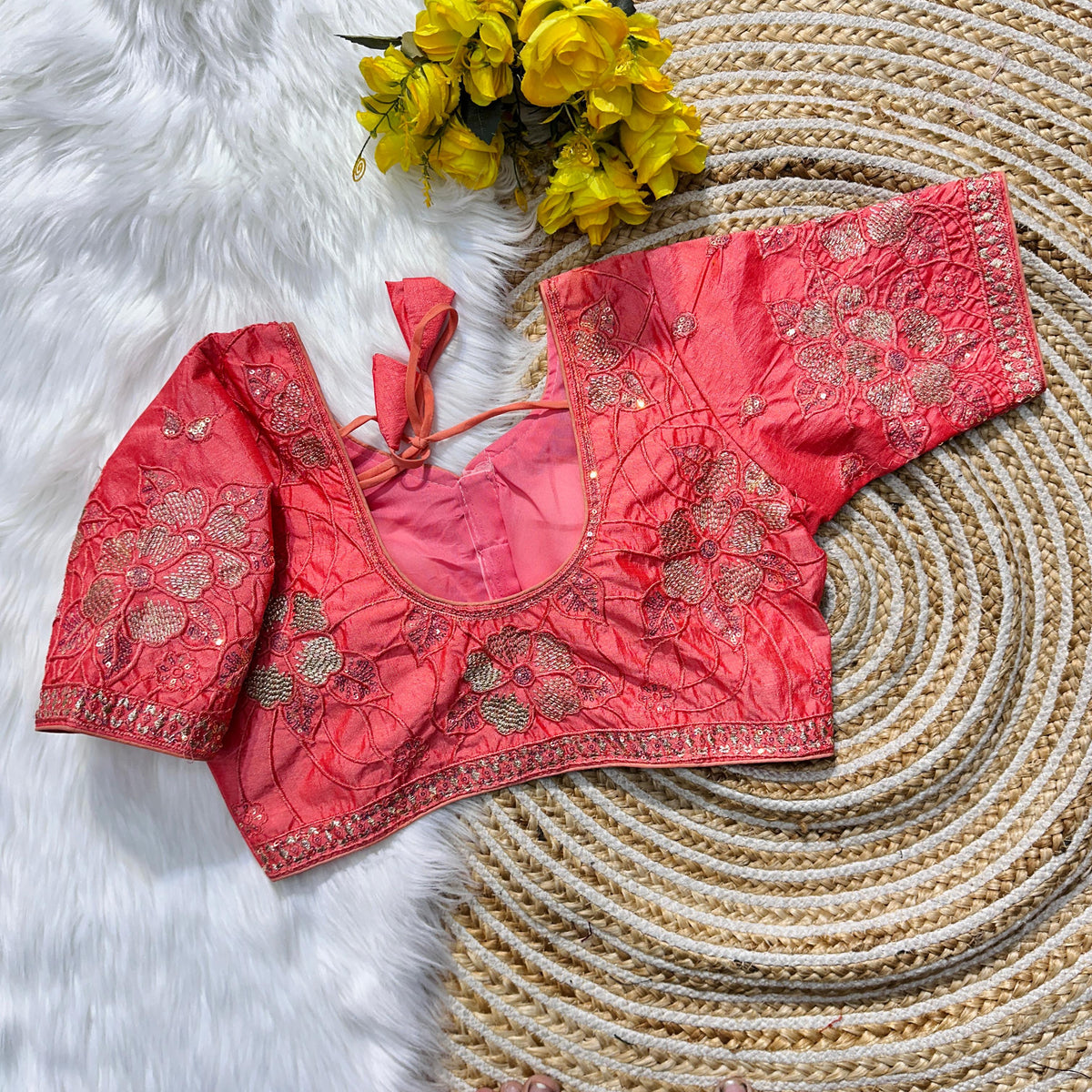 Peach Color Soft Silk Blouse with Beautiful Embroidery and S