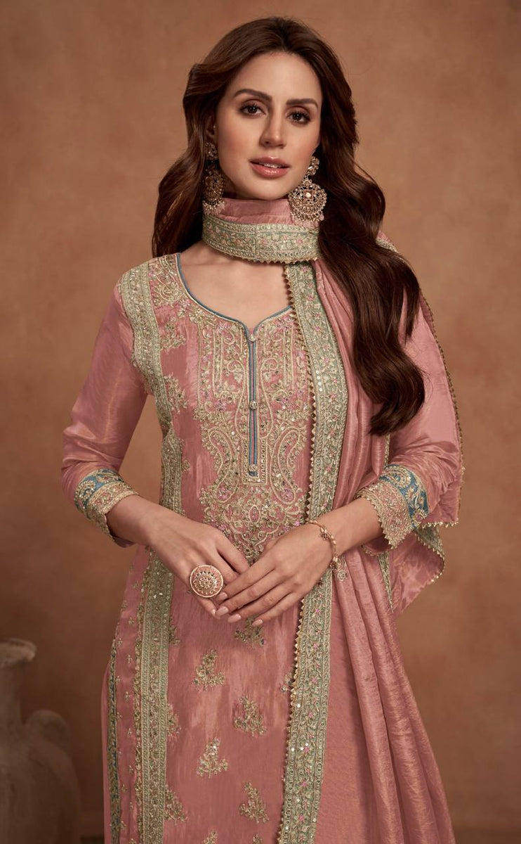 Peach Elegant Embroidered Chinon Top & Plazo Set with Du