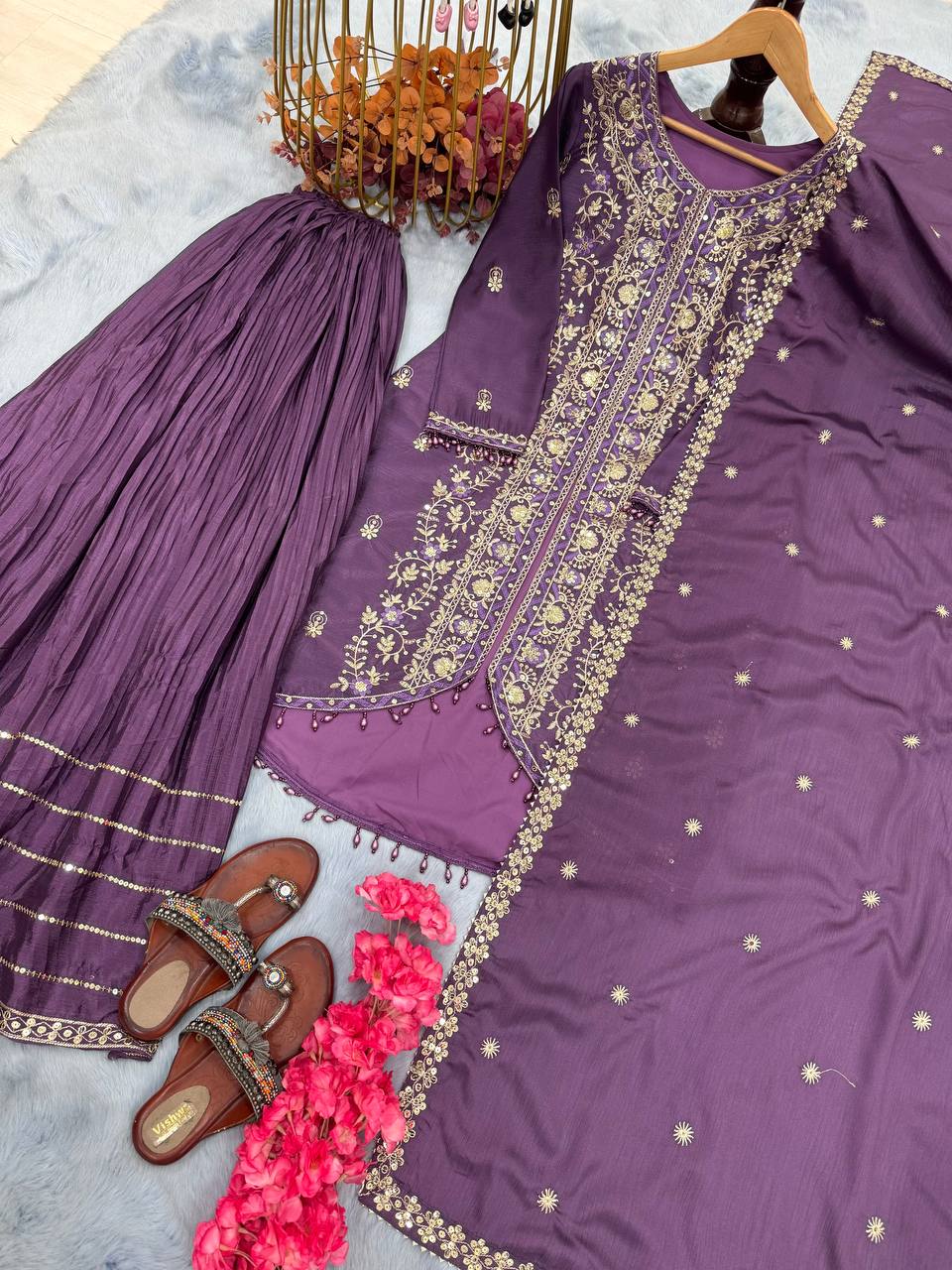 Purple Elegant Embroidered Chinon Silk Sharara Suit Set