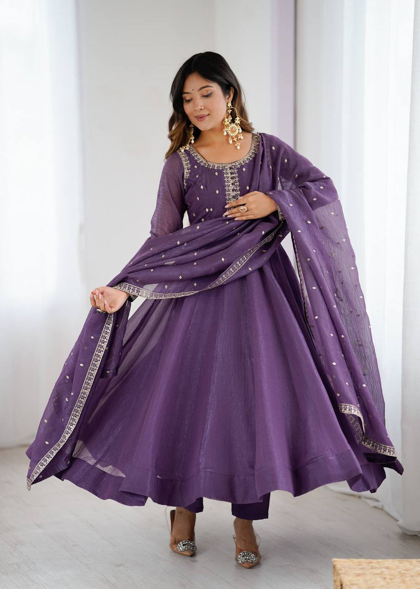 Purple Heavy Pure Crunchy Silk Embroidered Anarkali Gown Set