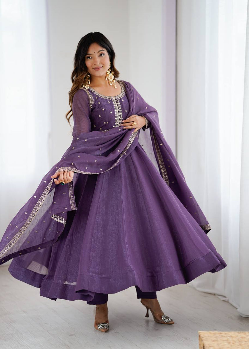 Purple Heavy Pure Crunchy Silk Embroidered Anarkali Gown Set