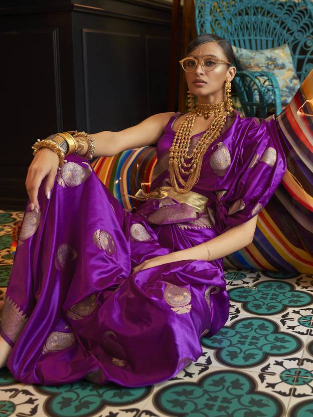 Purple Traditional Baluchari Silk Blend Saree with Unstitche