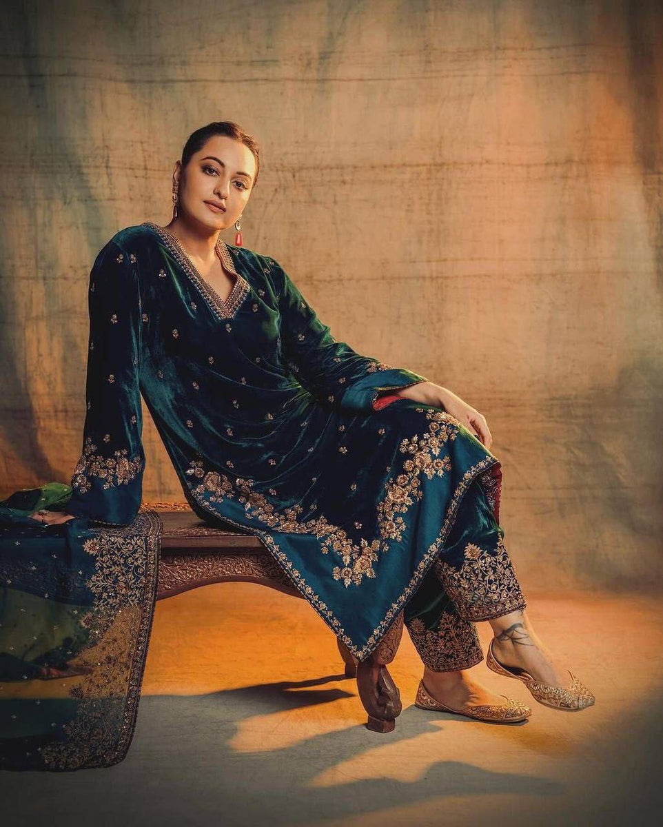 Rama Green Designer Velvet Suit with Multithread Embroidery