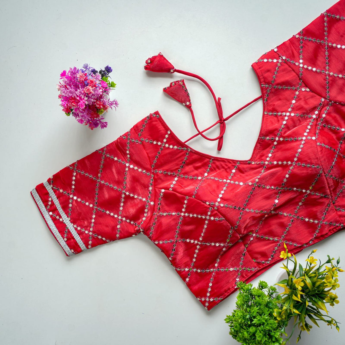 Red Metalic Blouse with Exquisite Sequence Embroidery