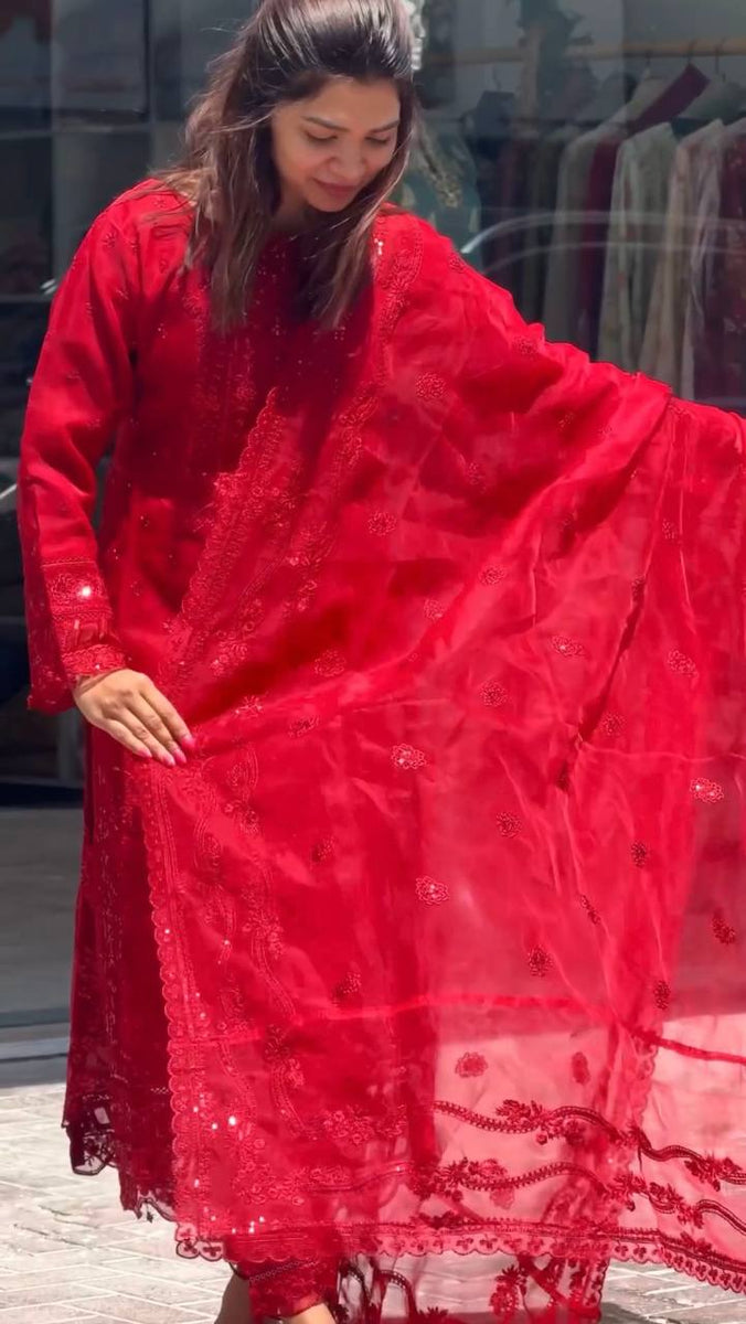 Red Premium Designer Readymade Georgette suit set
