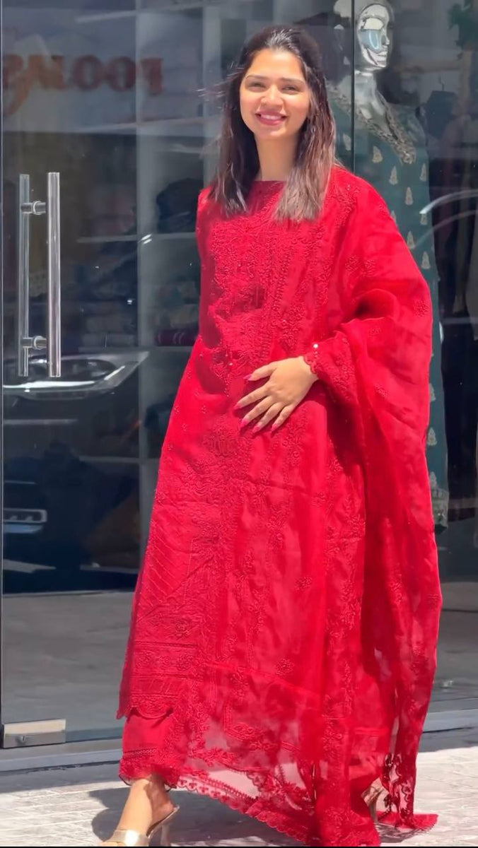 Red Premium Designer Readymade Georgette suit set