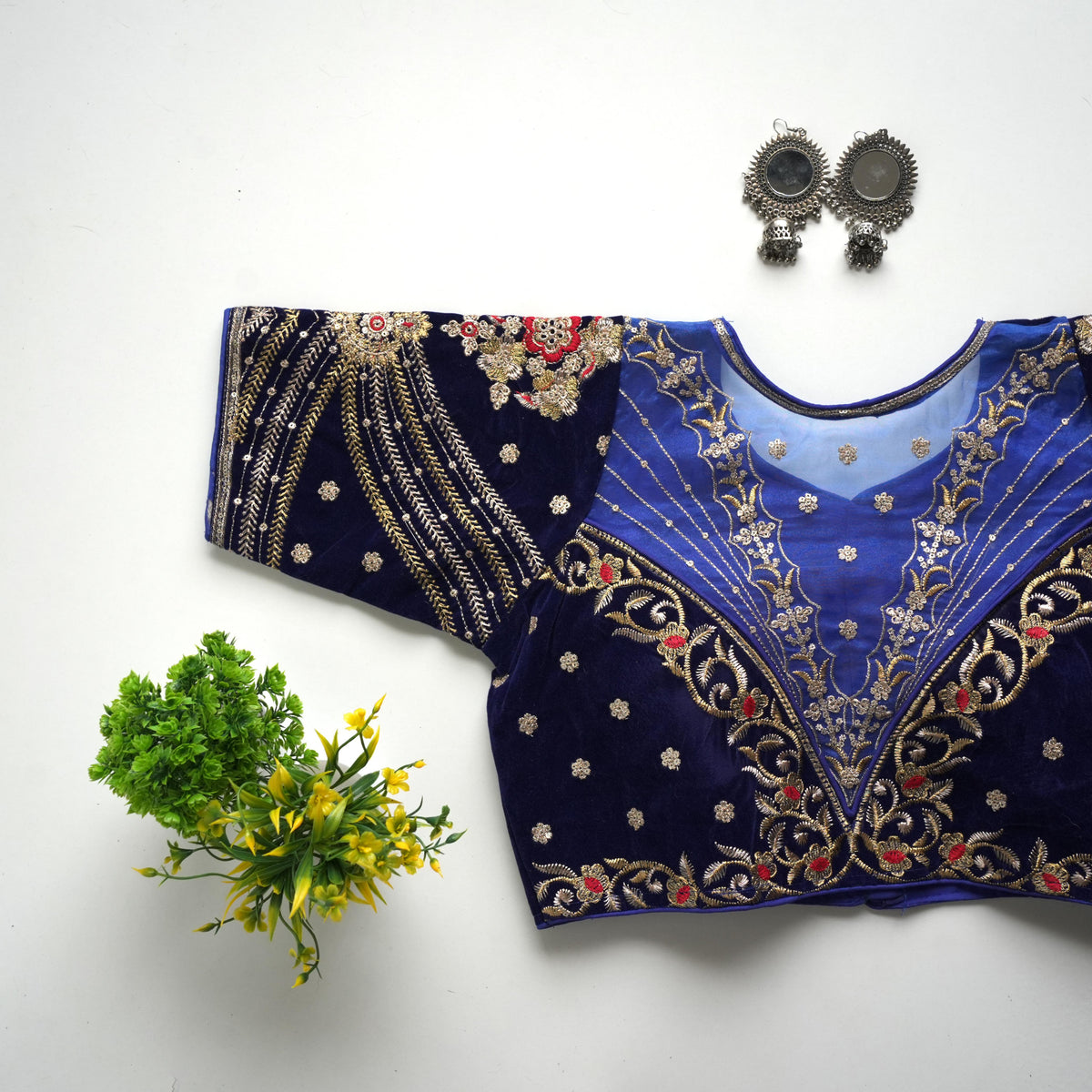 Royal Blue Blouse Taffeta Silk Blouse with Golden Embroidery