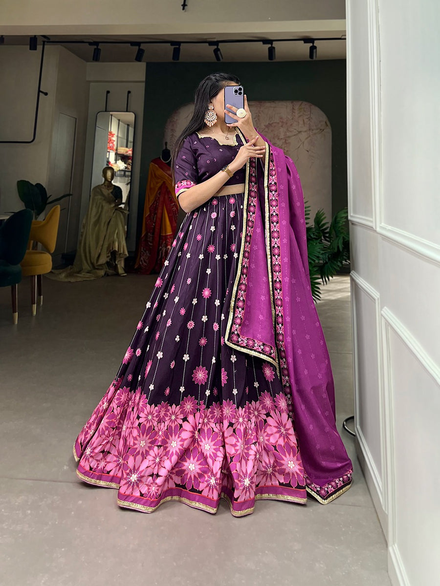 Wine Color Vaishali Silk Printed Lehenga Choli Set with Sequ