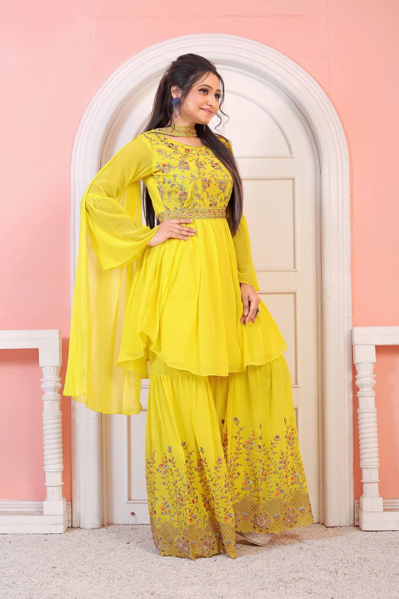 Yellow Embroidered Sharara Suit With Dupatta For Haldi - Clo