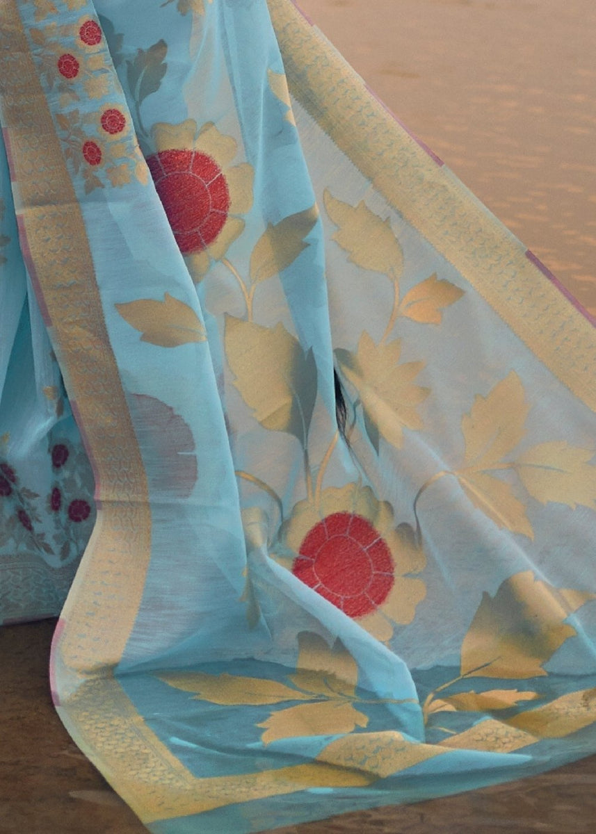Azure Blue Woven Linen Silk Saree with Floral Motif on Pallu