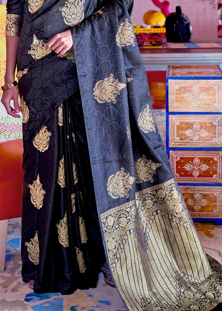 Soot Black Satin Silk Saree with overall Golden Butti - Clot
