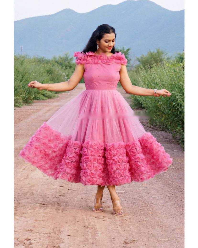 Rose Ribbon Work Pink Color Net Gown