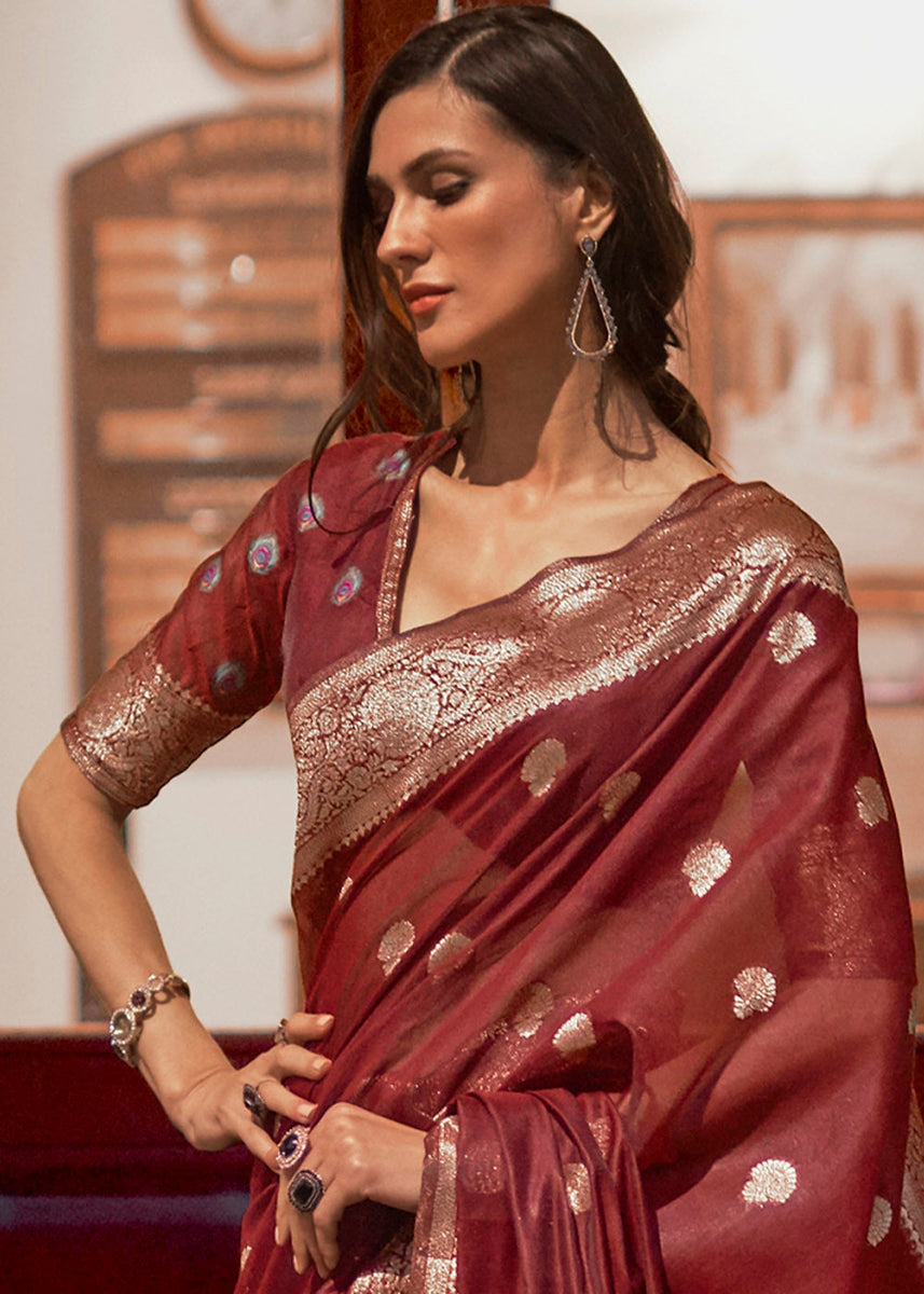 Currant Red Woven Chanderi Banarasi Fusion Silk Saree - Clot