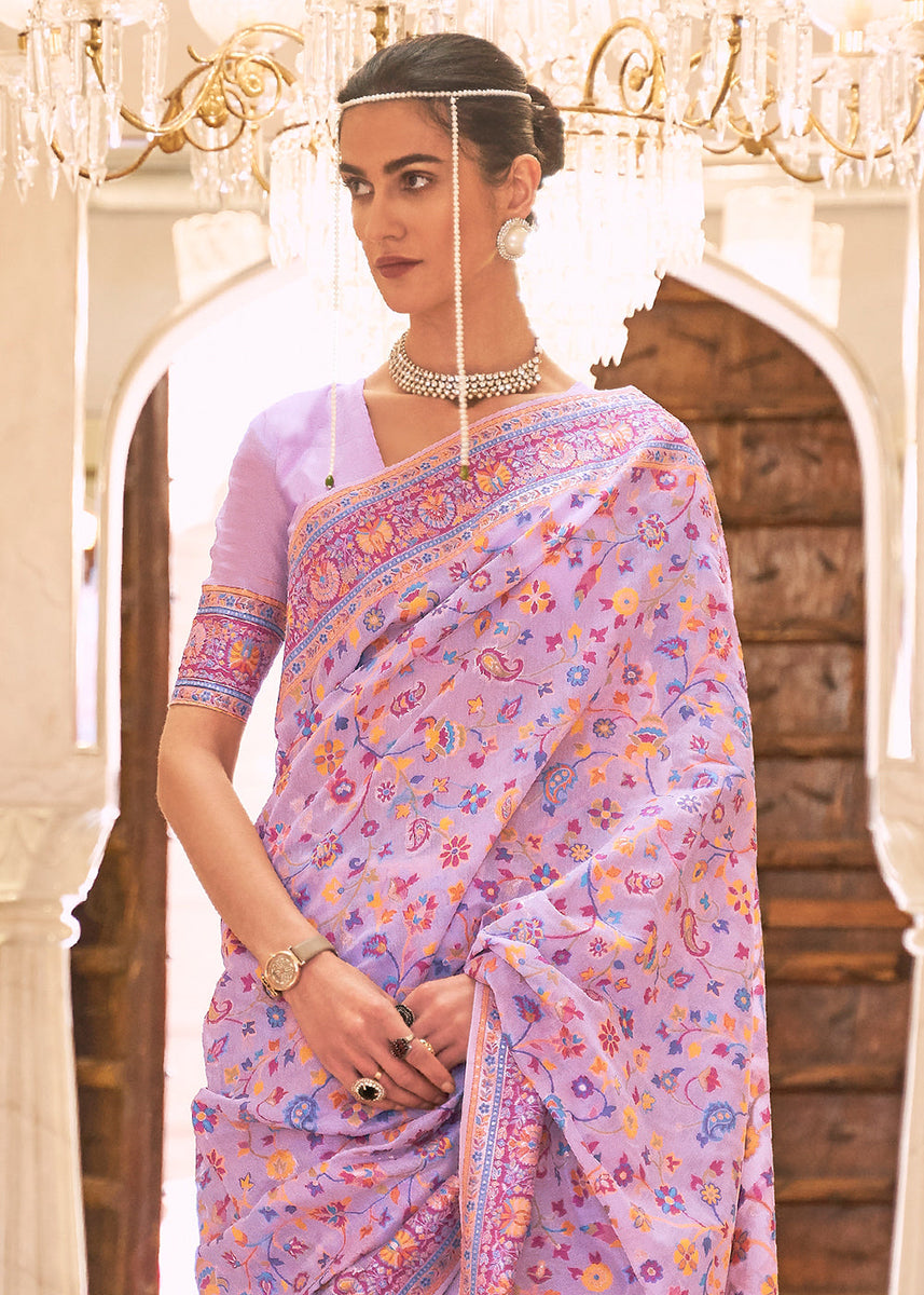 Bright Lilac Purple Banarasi Jamawar Woven Silk Saree - Clot