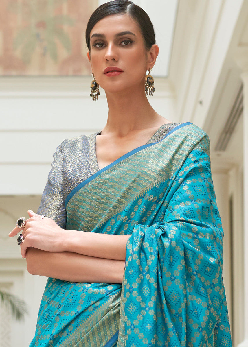 Cerulean Blue Handloom Patola Weave Silk Saree - Clothsvilla