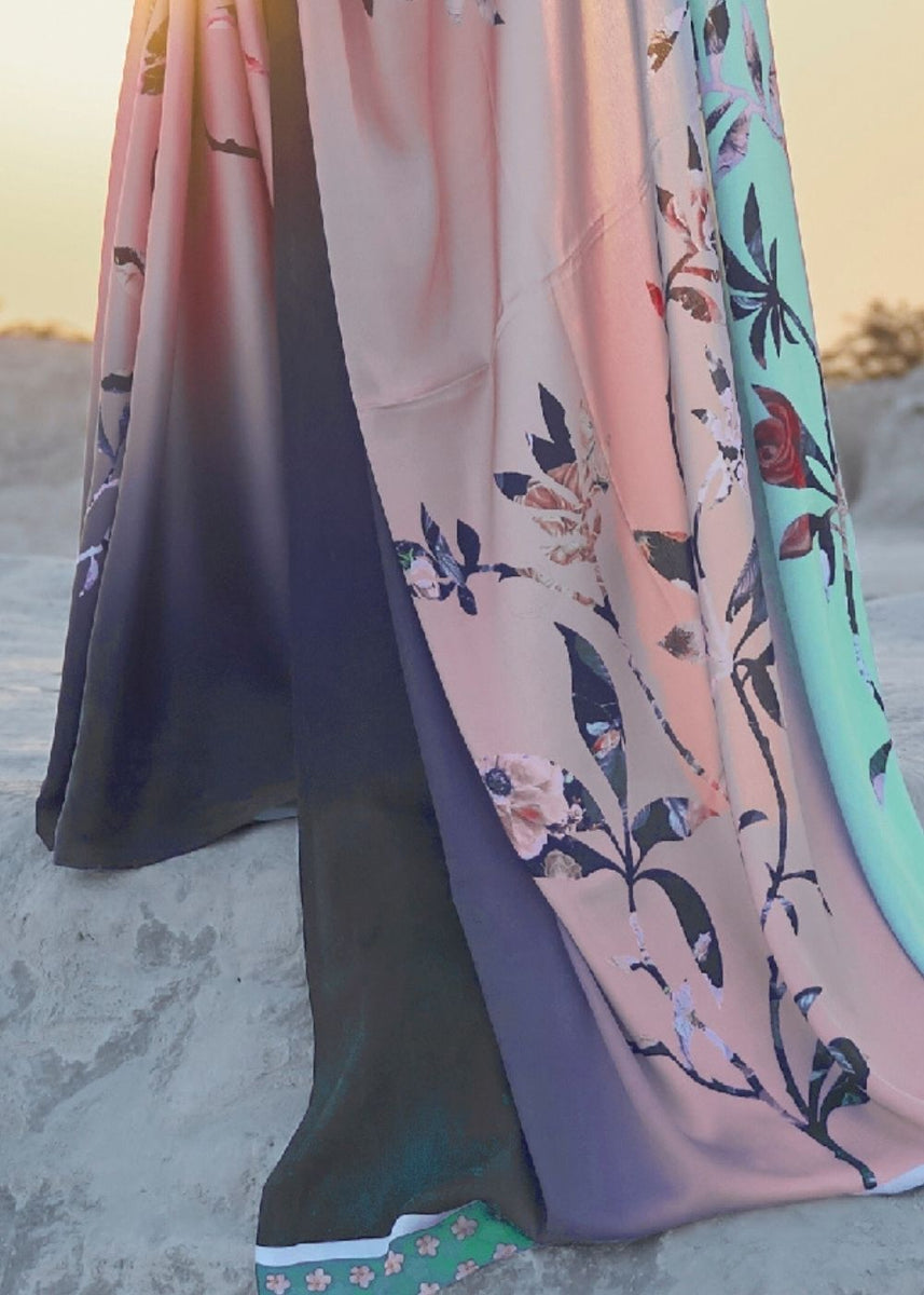 Arctic Blue and Pink Digital Printed Crepe Silk Saree - Clot
