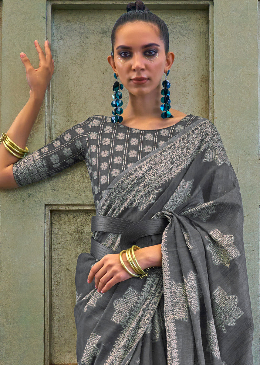 Iron Grey Chikankari Weaving Silk Saree with Sequins work