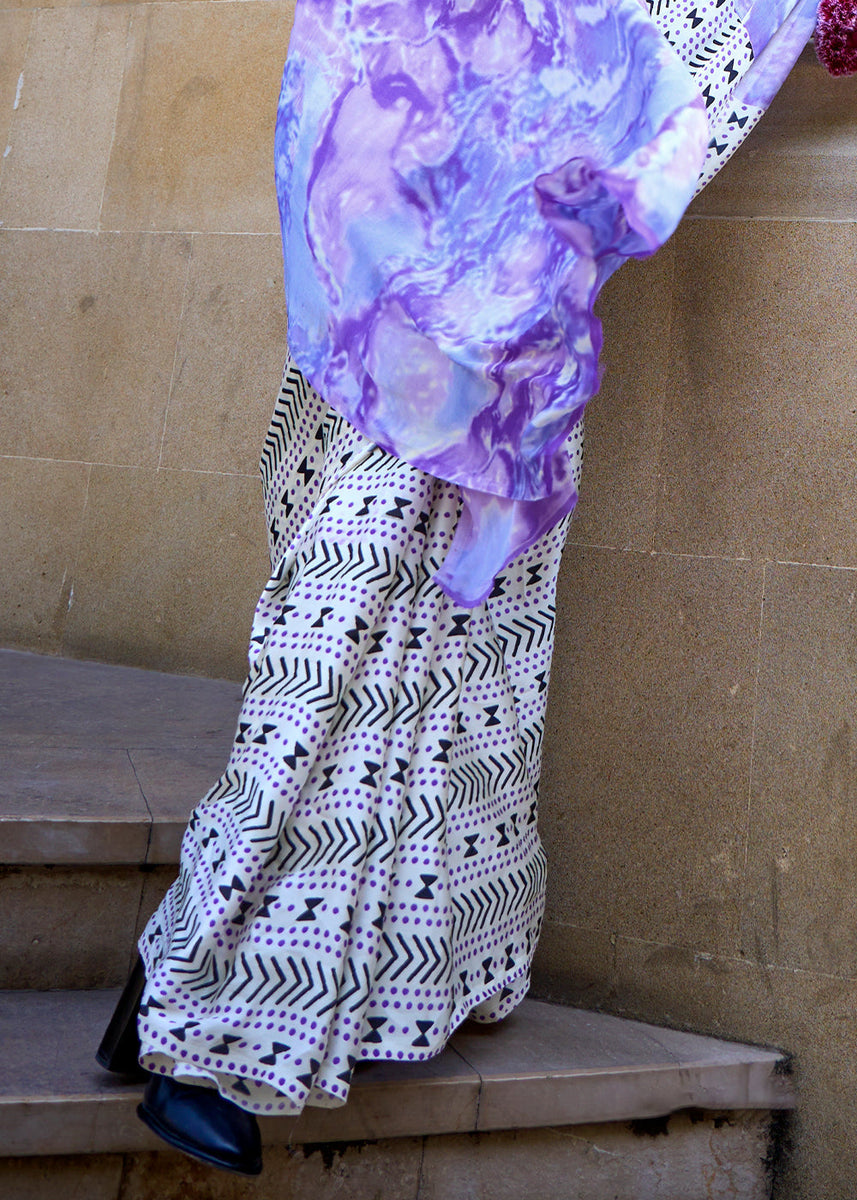 White & Purple Designer Satin Crepe Printed Saree - Clot