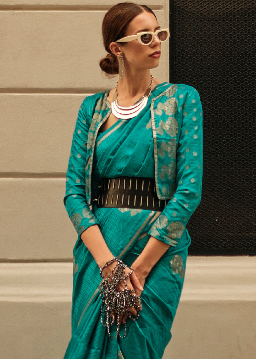 Dark Cyan Green Zari Handloom Woven Satin Silk Saree - Cloth