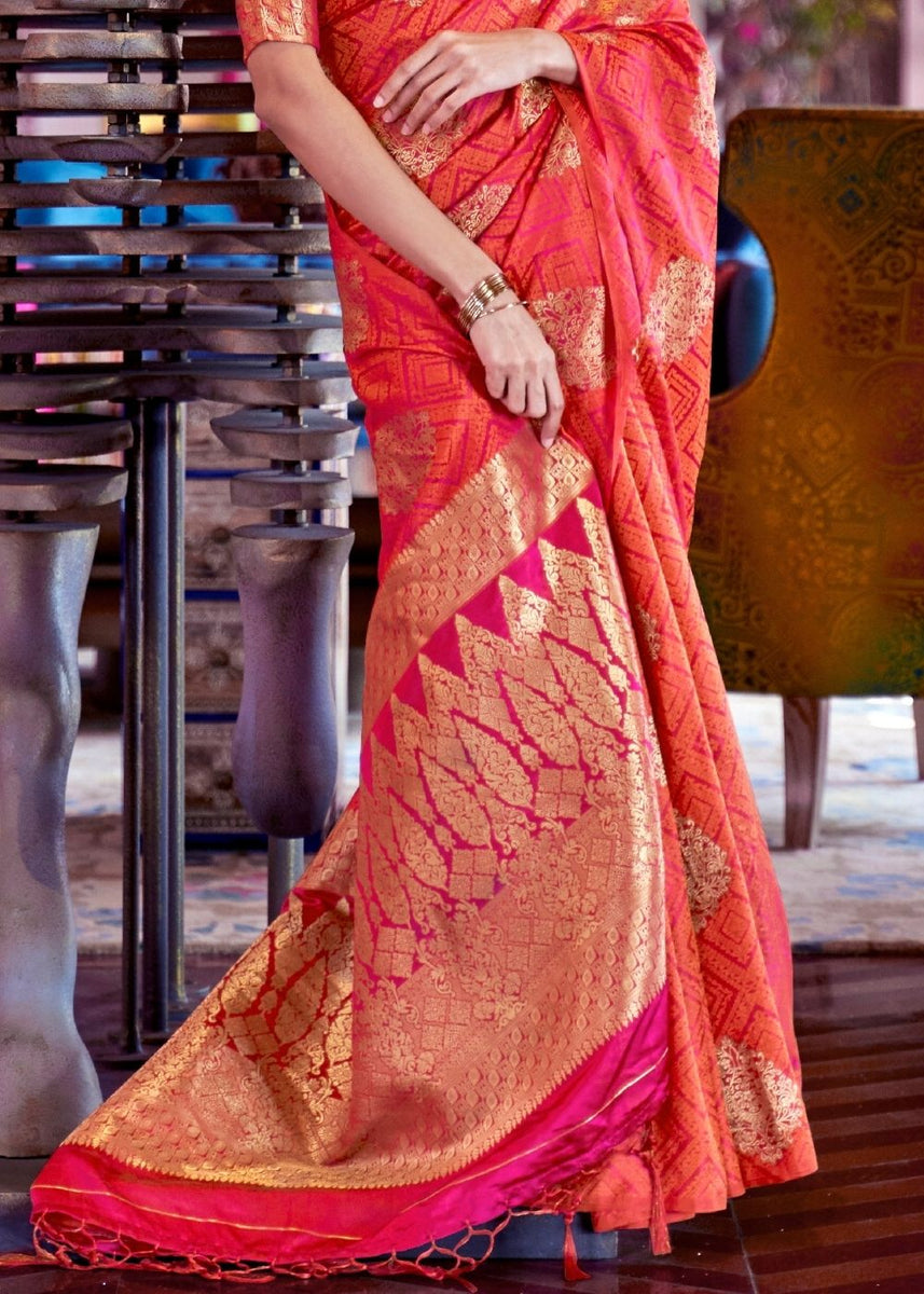 Brink Pink Satin Silk Saree with overall Golden Butti - Clot