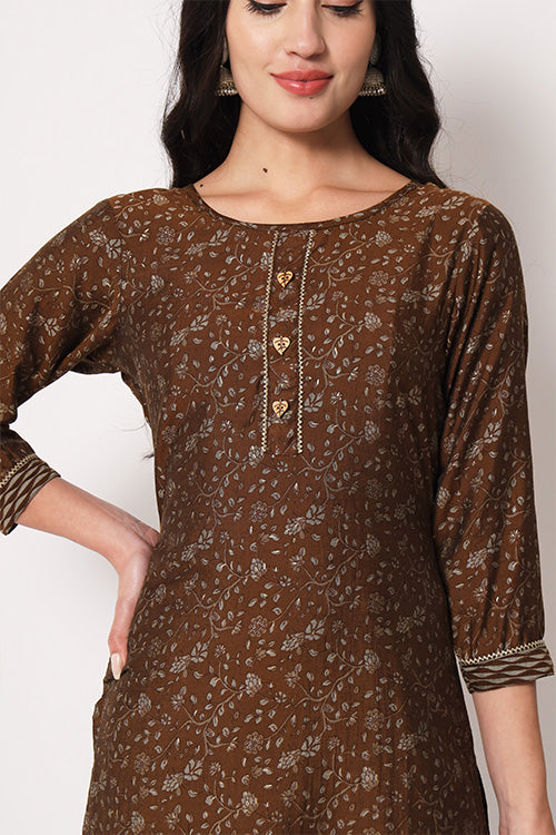 Office Wear Maslin Silk Stitched Foil Print Kurta Pant Set