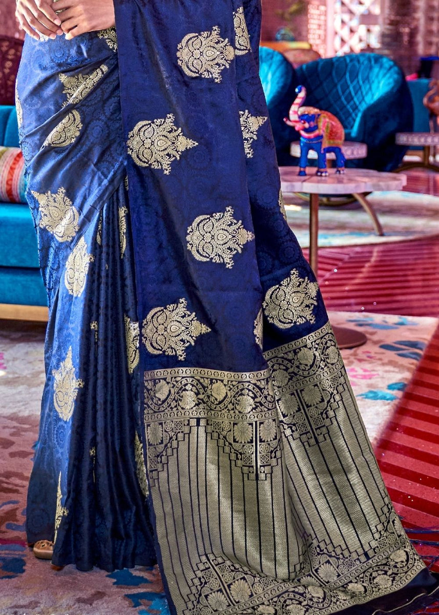 Berry Blue Satin Silk Saree with overall Golden Butti - Clot