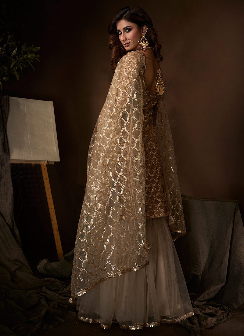 Beige Traditional Embroidered Gharara Suit - Clothsvilla