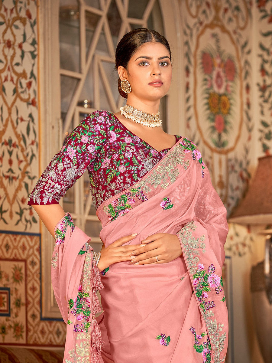 Pink Organza Embroidered Saree With Unstitched Blouse - Clot
