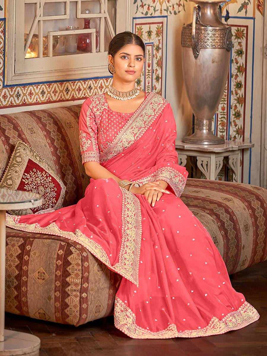 Pink Organza Embroidered Saree With Unstitched Blouse - Clot